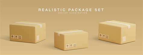 3d 판지 세트는 밝은 배경에 고립 된 상자를 닫았습니다 깨지기 쉬운 관리 기호가있는 현실적인 배달화물 소포 조심스럽게 취급 물비로부터 보호 벡터 일러스트 레이 션 3차원
