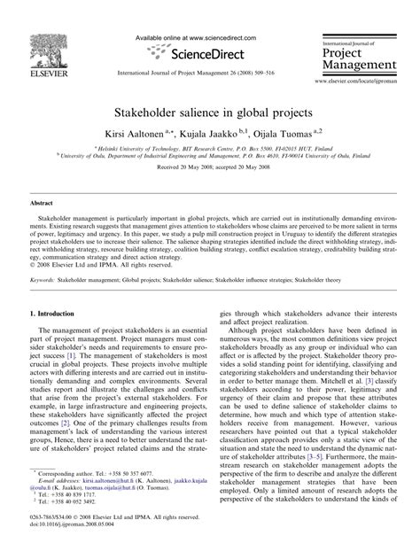 Pdf Stakeholder Salience In Global Projects