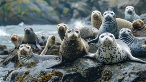 Premium Photo Group Of Seals Resting On Rocky Coastline Marine