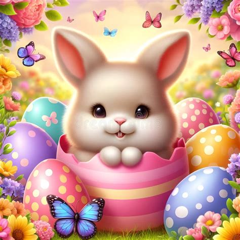 A Smiling Easter Bunny Emerges From A Pastel Easter Egg Stock