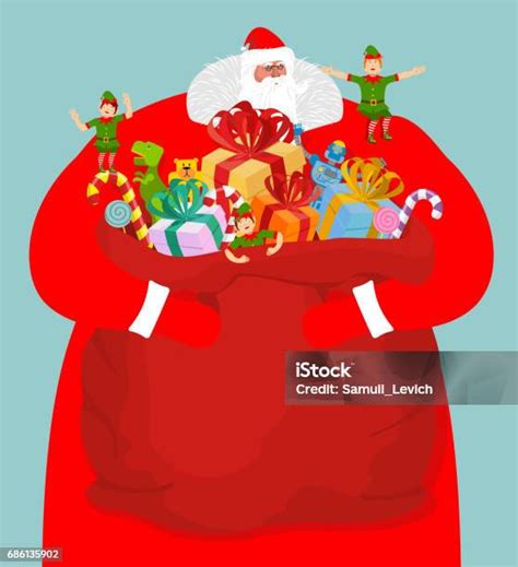 산타 선물의 큰 가방입니다 장난감 및 과자의 빨간 자루 크리스마스 요정 헬퍼입니다 새 해에 대 한 문자입니다 그림 엽서 그리고 겨울 휴가 대 한 포스터입니다 큰 흰 수염과