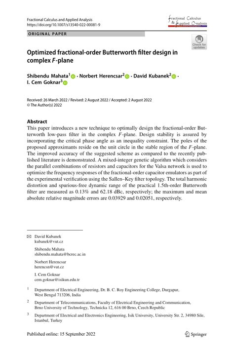 Pdf Optimized Fractional Order Butterworth Filter Design In Complex F