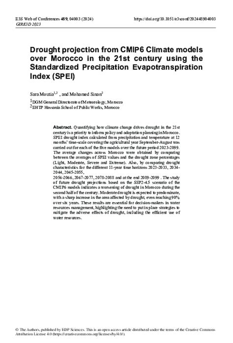 Pdf Drought Projection From Cmip6 Climate Models Over Morocco In The 21 St Century Using The