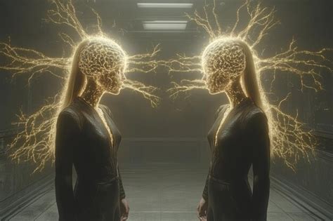 Two Glowing Brains With Electric Connections Between Them Symbolizing The Intensity Of Thought
