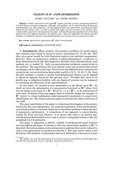 Pdf Duality In Bold H Infinity Cone Optimization