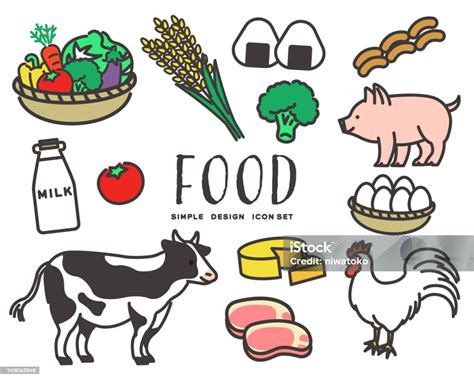 간단하고 귀여운 쌀 야채 달걀 등 아이콘 벡터 일러스트 레이 션 자료 가축 재료 아이콘에 대한 스톡 벡터 아트 및 기타 이미지