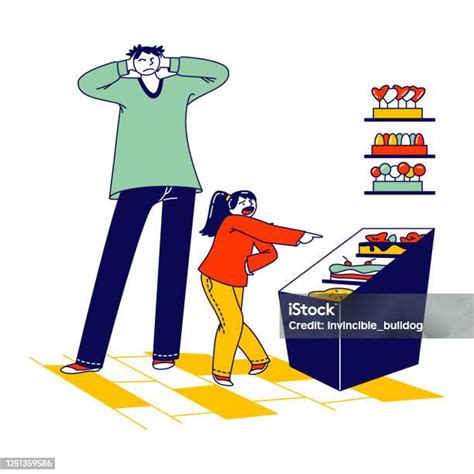 쇼핑몰에서 성난 비명을 지르는 아이와 절망 스트레스 남자 슈퍼마켓에서 우는 딸은 과자를 구입해야합니다 아버지 캐릭터 종료 귀 버릇없는 아이 선형 사람 벡터 일러스트레이션