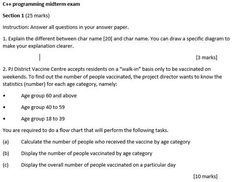 Get Answer C Programming Midterm Exam Section 1 25 Marks Instruction Transtutors