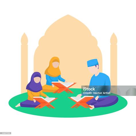 무슬림 교사는 꽃 잎과 모스크 아치와 자연 배경에서 아이들에게 이슬람의 거룩한 책을 꾸란 을 가르칩니다 라마단 활동 포스터 디자인입니다 교사 교육 관련 직업에 대한 스톡