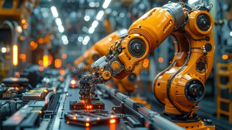 Robotic Arms Working On Assembly Line In Factory Concept Of Artificial Intelligence For