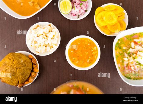 Delicious Traditional Food Of Ecuador Aji Ceviche Pop Corn Bolon