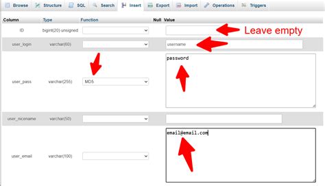 create a wordpress admin user via phpmyadmin step by step
