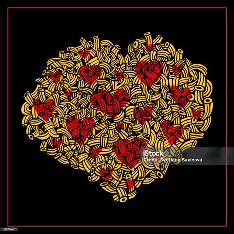 하트의 모양으로 디자인 된 파스타 패턴 손으로 그린 파스타 벡터 일러스트 레이 션 흑백 잉크 드로잉 소스 사랑 상징 파스타 사랑 하트 모양의 파스타 인쇄의 빨간 마음과 함께