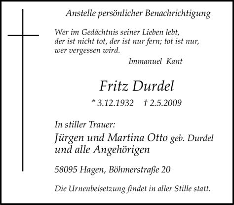 Traueranzeigen Von Fritz Durdel Trauer In Nrw De