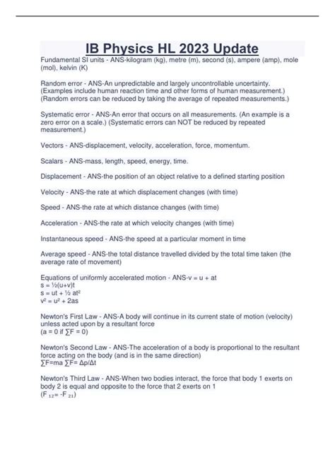 IB Physics SL Definitions AND IB Physics HL Update Package Deal Solution A