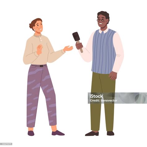 기자 회견에서 유명인을 인터뷰하는 기자 남성 기자와 인터뷰를 하는 사업가 또는 유명인 캐릭터 기자 회견 라이브 보고서 발표자 및 연사 Live Event에 대한 스톡 벡터