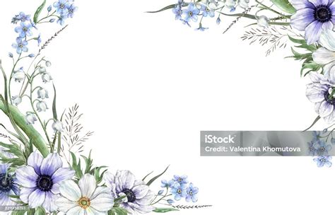 물망초 아네모네 다양한 야생 허브와 꽃의 꽃 프레임 텍스트 에코 브랜딩 카드 웨딩 디자인 식물 프로젝트를 위한 공간이 있는 수채화 식물 직사각형 일러스트레이션 0명에 대한