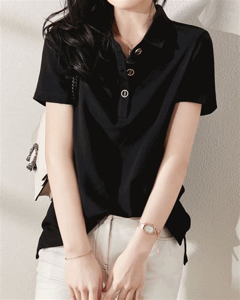 하객룩 오피스 데일리 레이스 펀칭 카라 반팔 티셔츠 에이블리