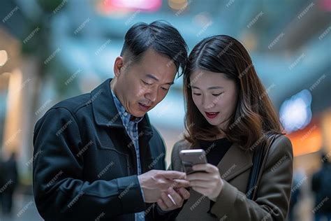 Premium Photo A Man And A Woman Looking At A Cell Phone