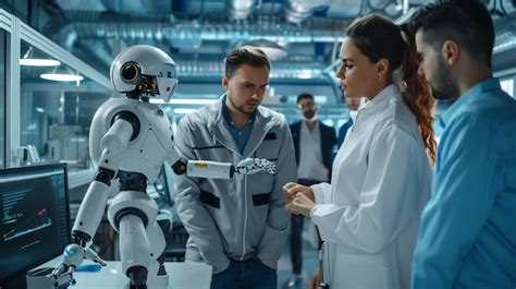 Group Of Scientists In Modern Laboratory Working On A New Ai Robot They
