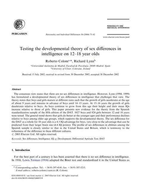 Pdf Testing The Developmental Theory Of Sex Differences In Intelligence On 12 18 Year Olds