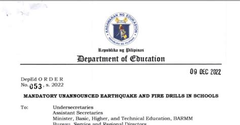 Deped Order No 053 S 2022 Mandatory Unannounced Earthquake And Fire Drills In Schools