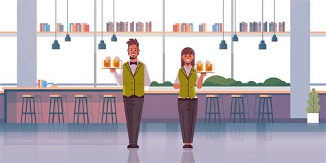 전문 웨이터 부부는 알코올 음료 현대 술집 내부 평평한 전체 길이 수평을 들고 균일 한 맥주 여자 남자 레스토랑 노동자의 안경 서빙 트레이를 들고 남자에 대한 스톡 벡터