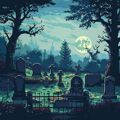 10h A 16bit Pixel Art Style Illustration Of A Creepy Cartoon Graveyard