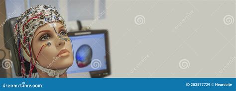 Beautiful Woman Manikin With EEG Hat In Experimental Recording Of Brain Activity Shown In