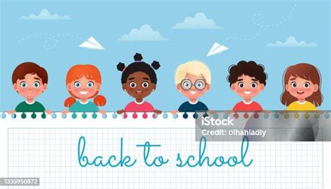 흰색 공백을 들고 아이들의 그룹 학교 배너로 돌아갑니다 흥분 행복한 학생 아이들이 재미 어린 시절 우정 개념 만화 3d 스타일의 벡터 일러스트레이션 초등학생에 대한 스톡