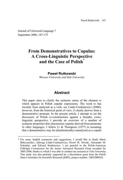 Pdf From Demonstratives To Copulas A Cross Linguistic Perspective And The Case Of Polish
