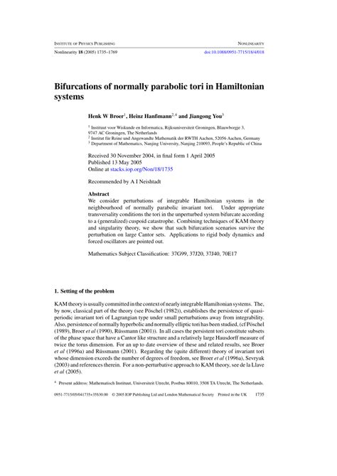Pdf Bifurcations Of Normally Parabolic Tori In Hamiltonian Systems
