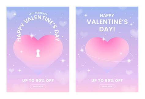 해피 발렌타인 데이 인사말 카드 세트입니다 그라데이션 타이포그래피 포스터 3d Y2k 미학 소셜 미디어 템플릿입니다 디지털 마케팅 판매 패션 광고 배너 전단지 트렌디 한