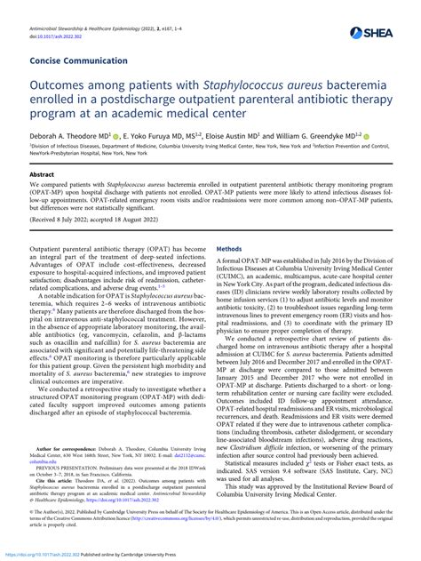 Pdf Outcomes Among Patients With Staphylococcus Aureus Bacteremia Enrolled In A Postdischarge