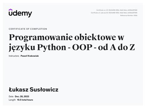 Łukasz Susłowicz On Linkedin Object Oriented Programming In Python Udemy Course Accomplished