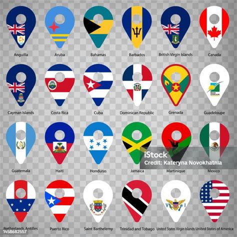 미국 국가의 스물 네 플래그 이름과 알파벳 순서 북미와 중앙 아메리카의 국기와 같은 2d 지리적 위치 표지판의 집합입니다 24