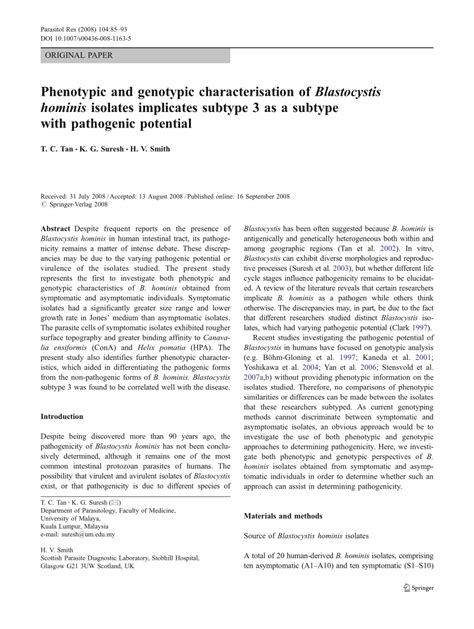 Pdf Phenotypic And Genotypic Characterisation Of Blastocystis Hominis Isolates Implicates