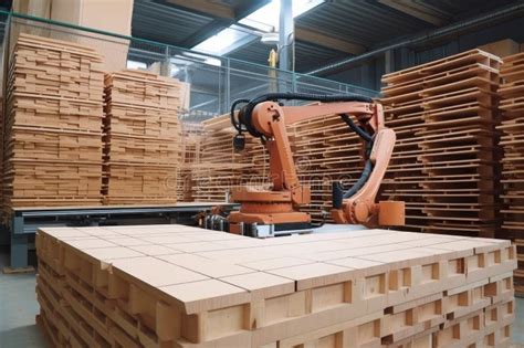 palletizing robot handling and stacking wooden pallets in warehouse