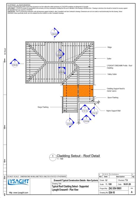 E04 10 Typical Roof Cladding Setout Supported Lysaght Enseam® Plan View