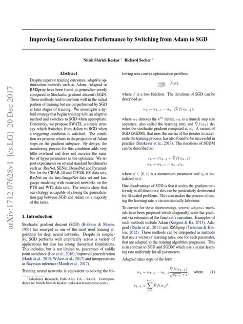 Improving Generalization Performance By Switching From Adam To Sgd Pdf Artificial