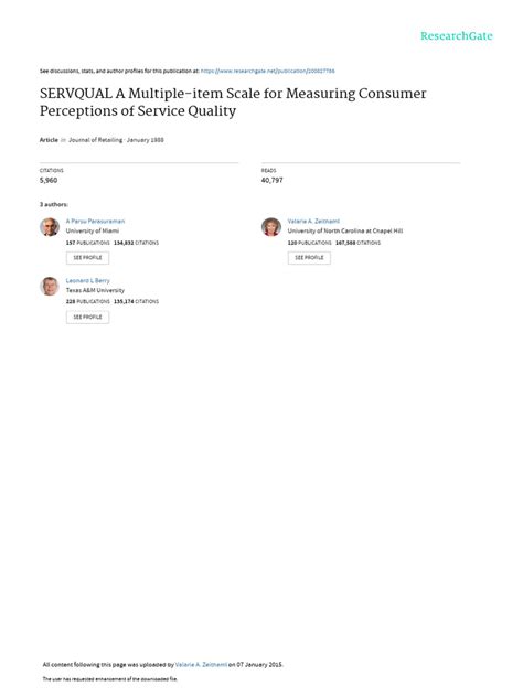 25 Servqual A Multiple Item Scale For Measuring Consumer Perceptions Of Service Quality Pdf