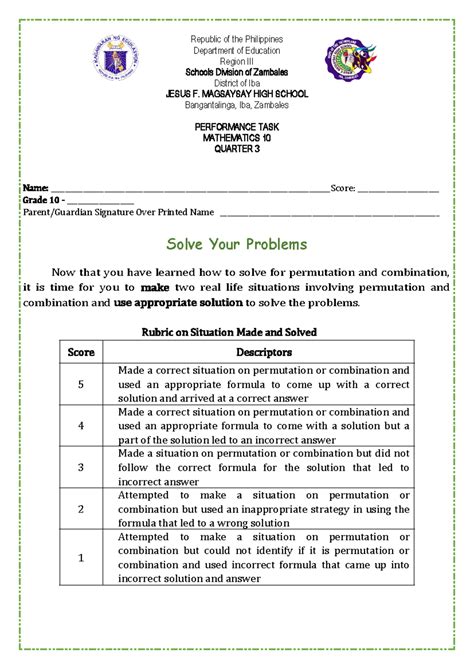 Mathematics Performance Task Republic Of The Philippines Department Of Education Region Iii