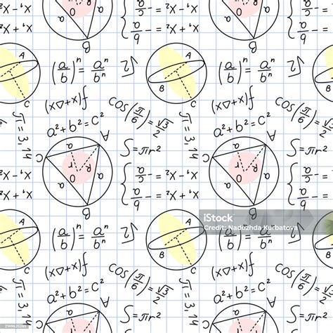 원활한 수학 공식 패턴입니다 학교 방정식 새장에 있는 공책의 조각에 기하학적인 도표 그리고 그림 수학 교육 대수학 계산 화려한 벡터 배경 곱셈에 대한 스톡 벡터 아트 및