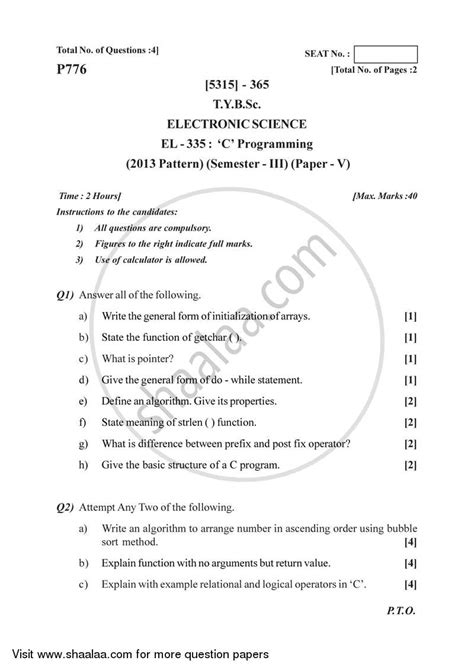 c programming 2017 2018 b sc electronic science semester 5 tybsc question paper with pdf