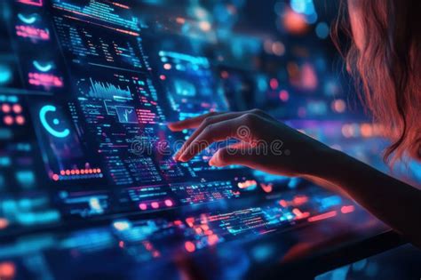 Software Engineer Working With Futuristic Interactive Display Analyzing