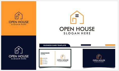 명함 템플릿이 있는 오픈 도어 홈 및 하우스 라인 아트 스타일 로고 로고에 대한 스톡 벡터 아트 및 기타 이미지 로고 부동산 주거 건물 Istock