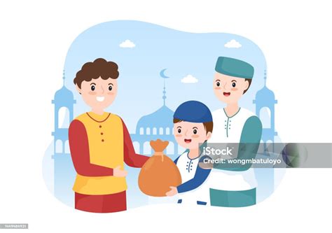 무슬림 아이들은 평면 만화 포스터 손으로 그린 템플릿 일러스트레이션에서 그것을 필요로하는 사람에게 자선 자카트 또는 Infaq