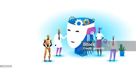 뇌 톱니바퀴 브레인 스토밍 프로세스 인공 지능 기술 개념 수평 전체 길이와 인간의 머리 근처에 기어를 들고 로봇 팀 인공지능에 대한 스톡 벡터 아트 및 기타 이미지 Istock