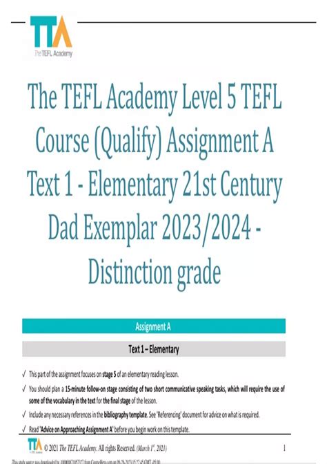 The Tefl Academy Level 5 Tefl Course Qualify Assignment A Text 1 Elementary 21st Century Dad