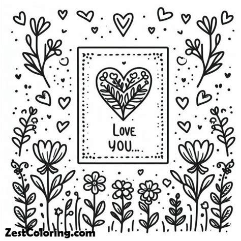 Simple Card Outline With Hearts Flowers And Valentines Message Coloring Page 2 Coloring For
